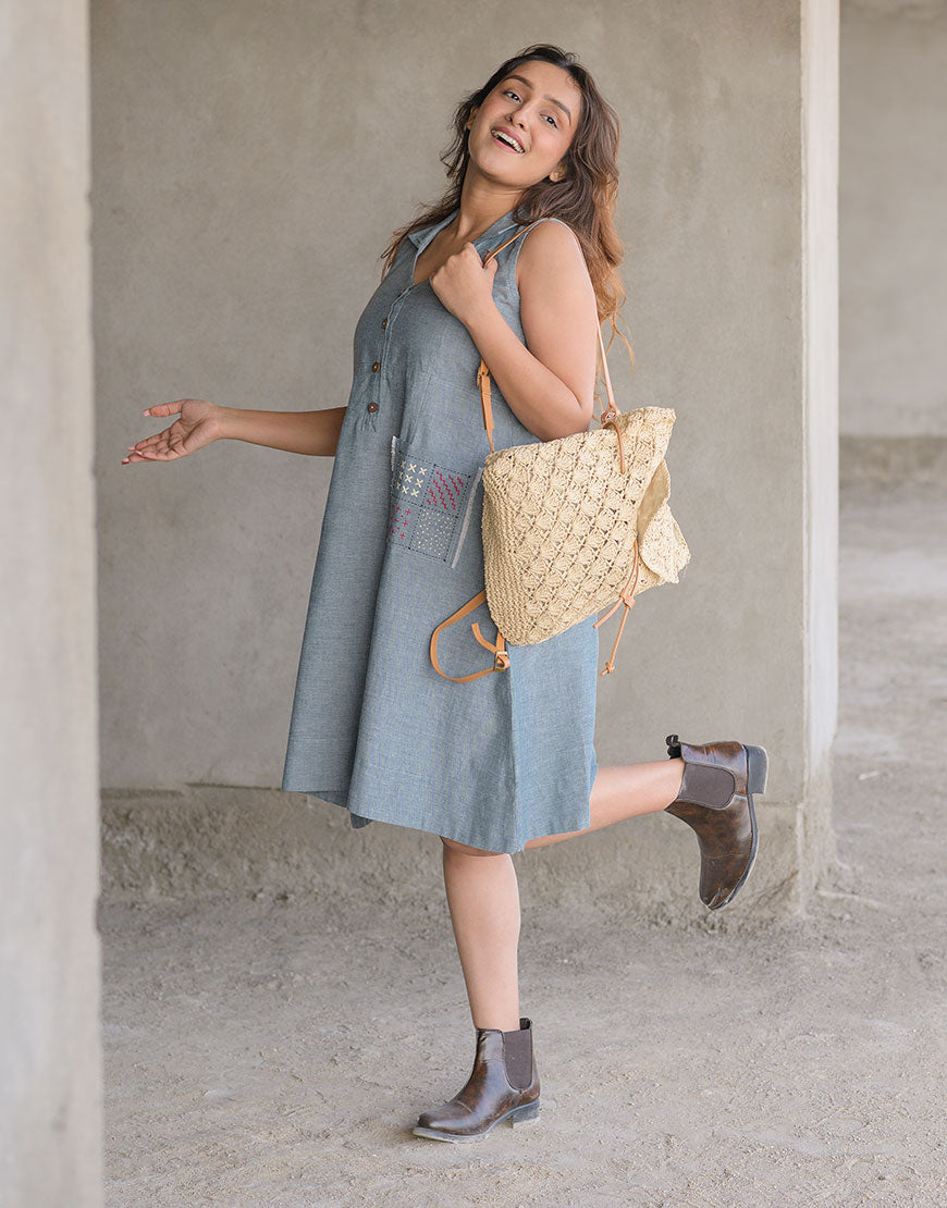 Shop Stonewashed Blue Embroidered Dress Online - B-542-XS