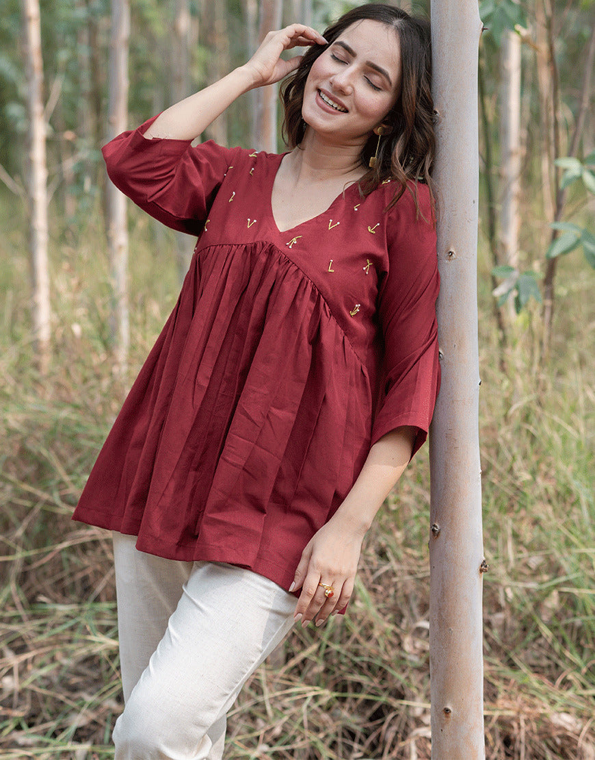 Shop Cherry Red Embroidered Top Online - B-492-XS