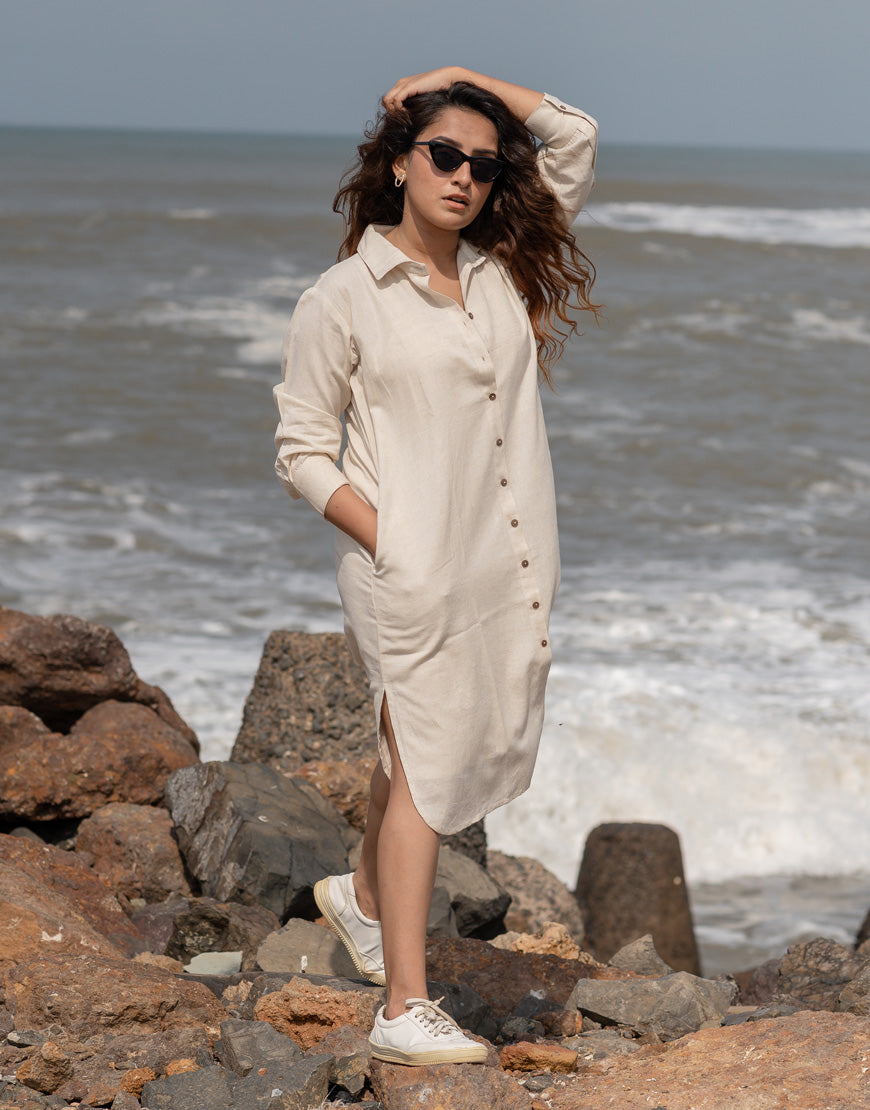 Shop Eggshell Cream Shirt Dress Online - B-611-XS