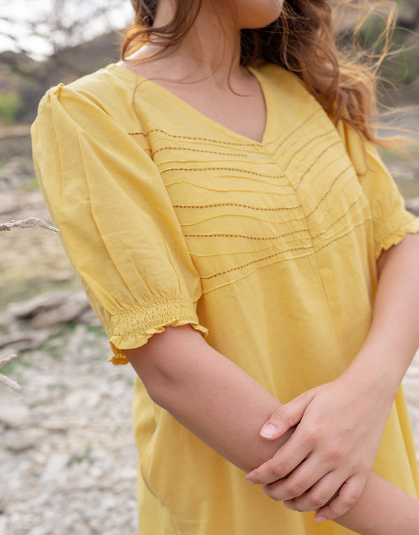 Shop Cotton Lemonade Yellow V-neck Dress Online - B-660-XS