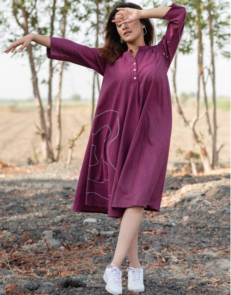 Shop Cotton Grape Wine Sequence Flare Mandarin Dress Online - B-349-XS
