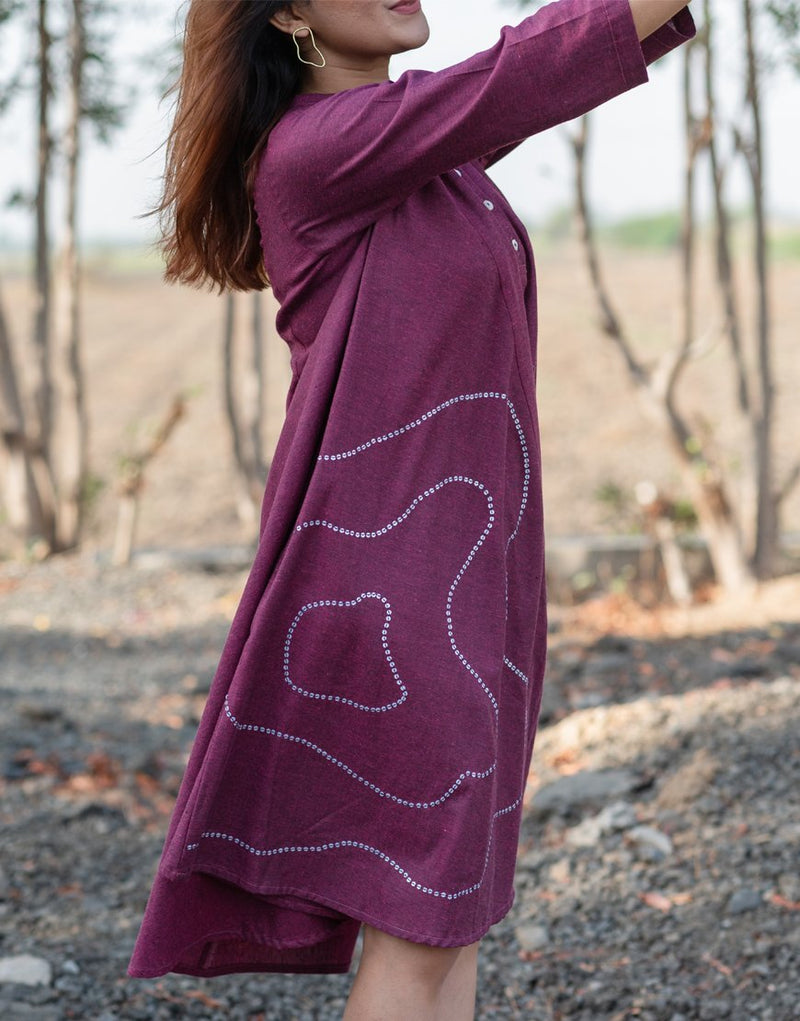 Shop Cotton Grape Wine Sequence Flare Mandarin Dress Online - B-349-XS