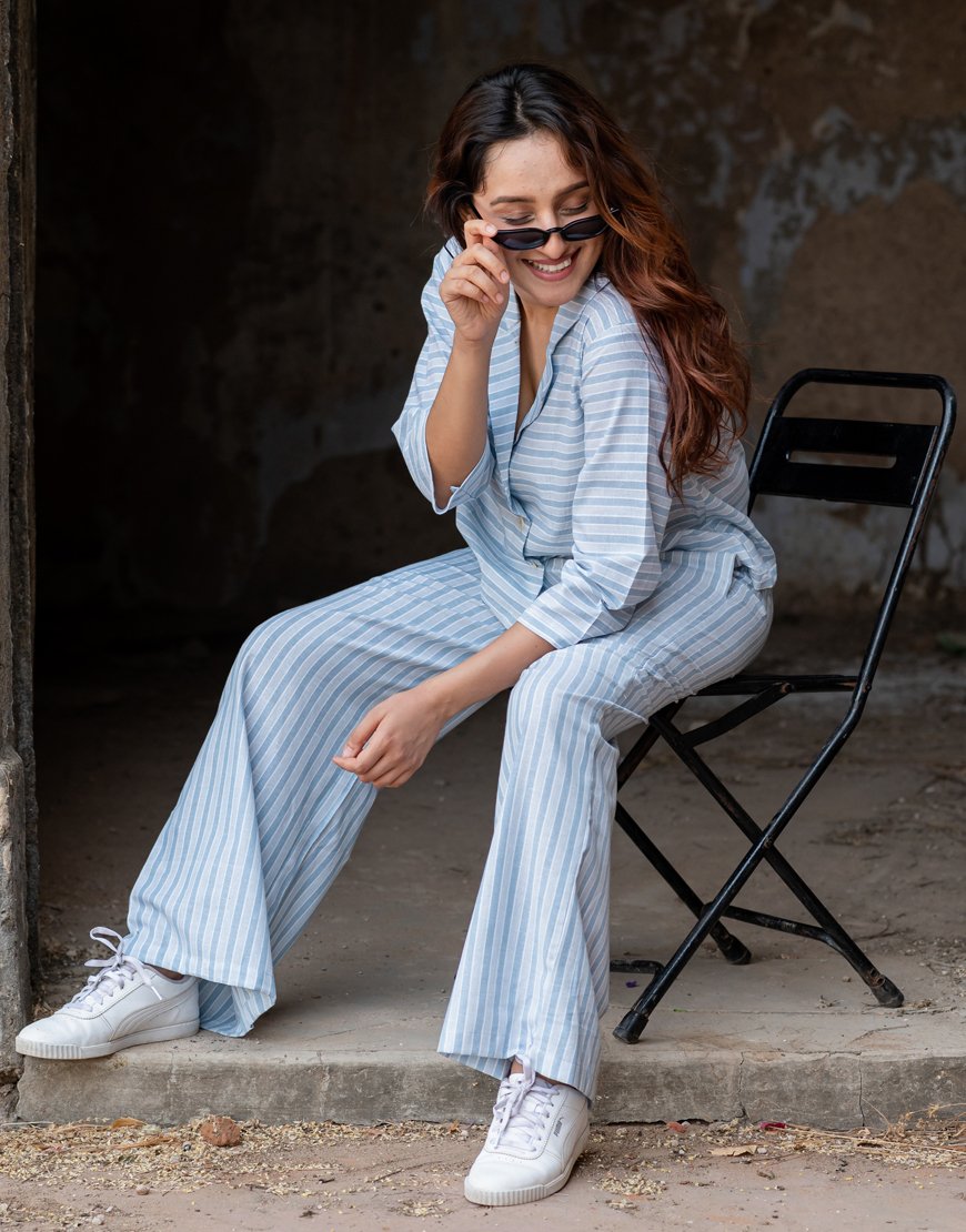 Shop Light Blue Striped Co-ord Set Online - B-334-S