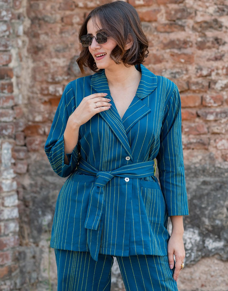 Shop Peacock Blue Blazer Co-ord Set Online - B-341-S