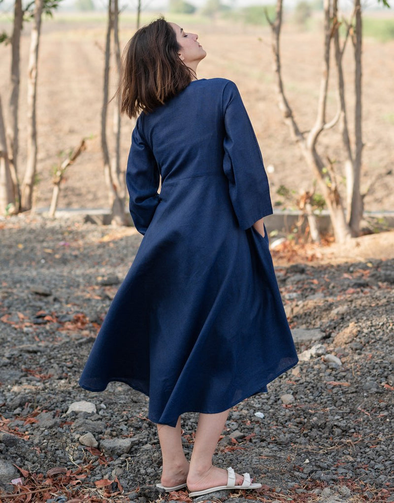 Shop Cotton Royal Blue Flare V-neck Dress Online - B-342-XS