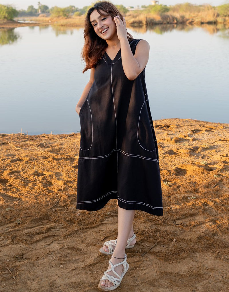 Shop Cotton Shadow Black Sleeveless V-neck Dress Online - B-344-XS